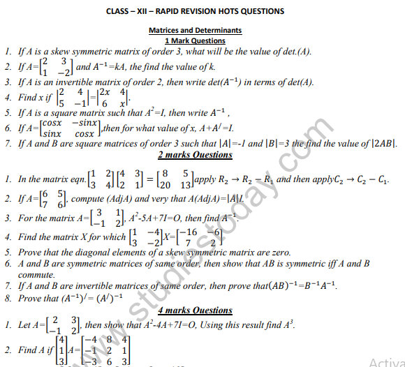 CBSE Class 12 Mathematics HOTs All Chapters Set C CBSE Class 12 Mathematics HOTs All Chapters Set C