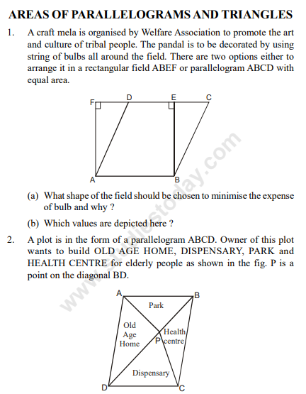 CBSE Class 9 Mathematics Areas Of Parallelograms And Triangles VBQs Value Based Questions Area